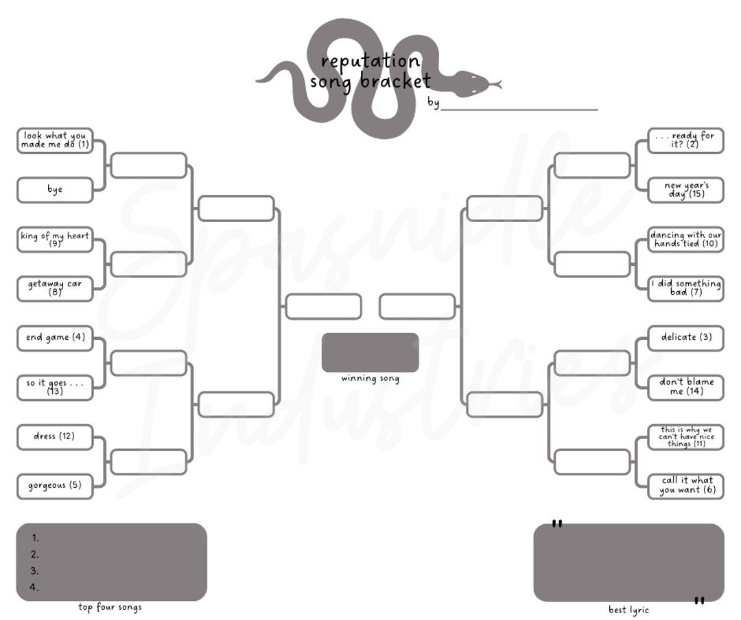 Taylor Swift Song Bracket Reputation Party Game Birthday - Etsy