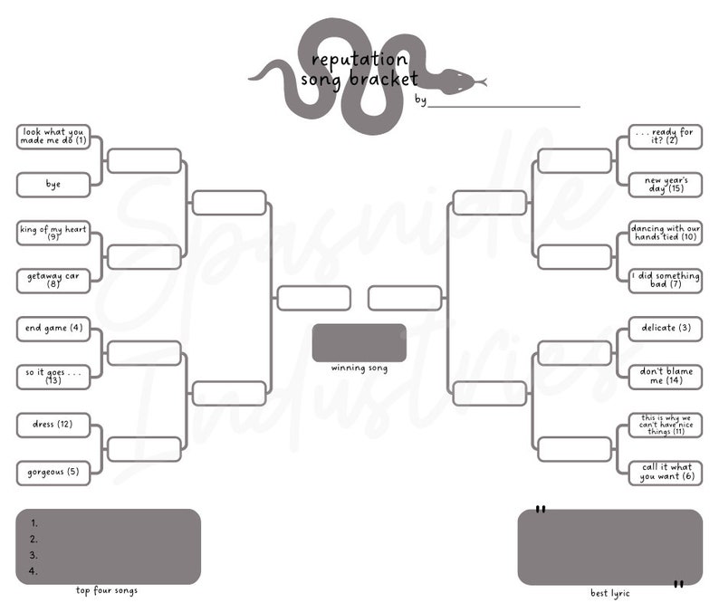 Taylor Swift Song Bracket Reputation Party Game Birthday - Etsy