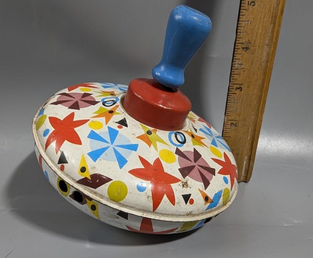 Vintage Ohio Art Tin Litho Spinning Top Colorful Designs Wooden Handle ...