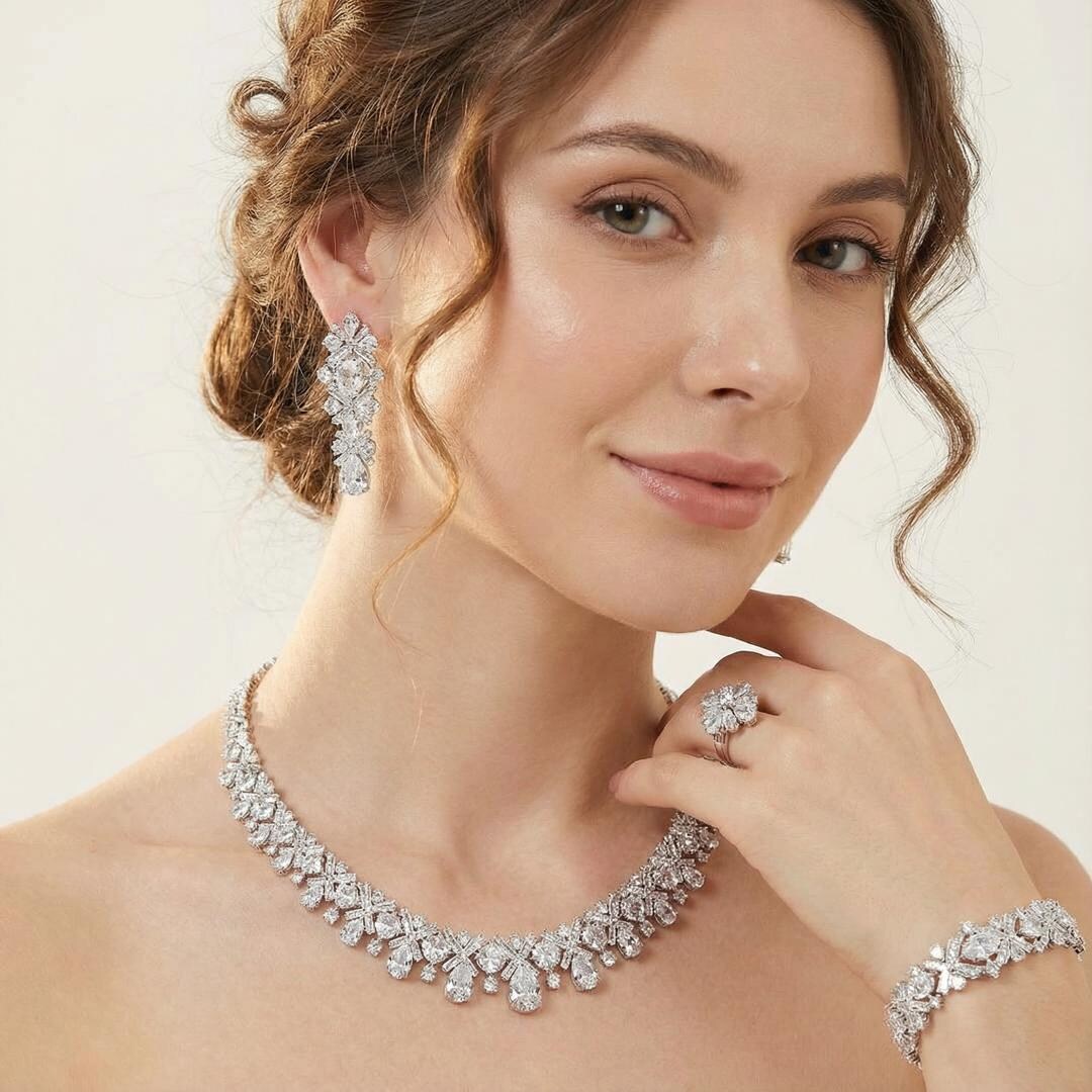 Luxury Bridal Jewelry Set With Cz Diamond, Water Drop Floral Necklace ...