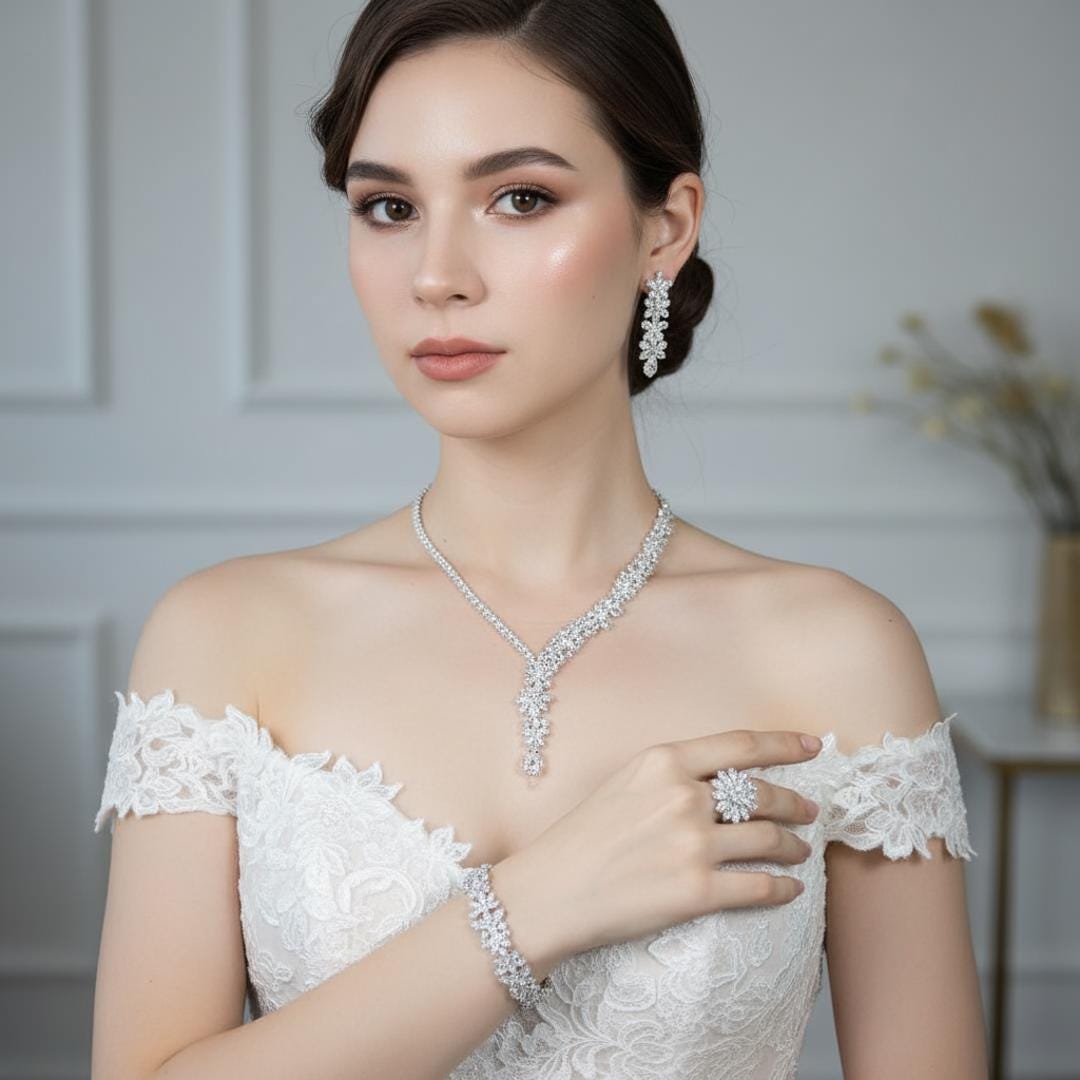 Luxury Water Drop Crystal Bridal Jewelry Set - Handmade Flower Necklace ...