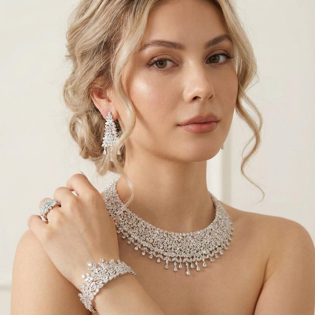 Luxury Bridal Jewelry Set With Zircon Crystals, Statement Necklace ...