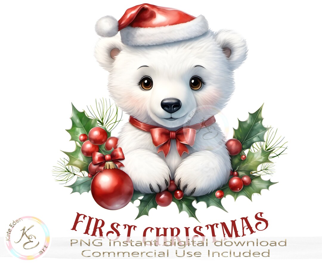 Cute Polar Bear in Santa Hat, First Christmas PNG, Baby First Christmas ...