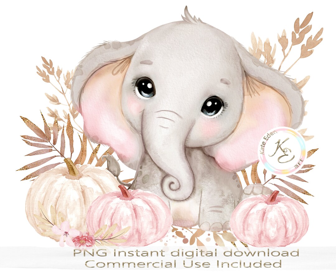 Cute Baby Elephant PNG, Fall Baby Shower, Pink Pumpkin PNG, Autumn ...