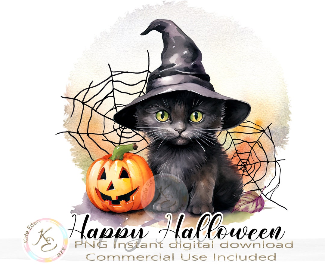 Halloween Black Cat PNG, Cute Halloween Cat, Sublimation Design, Kids ...