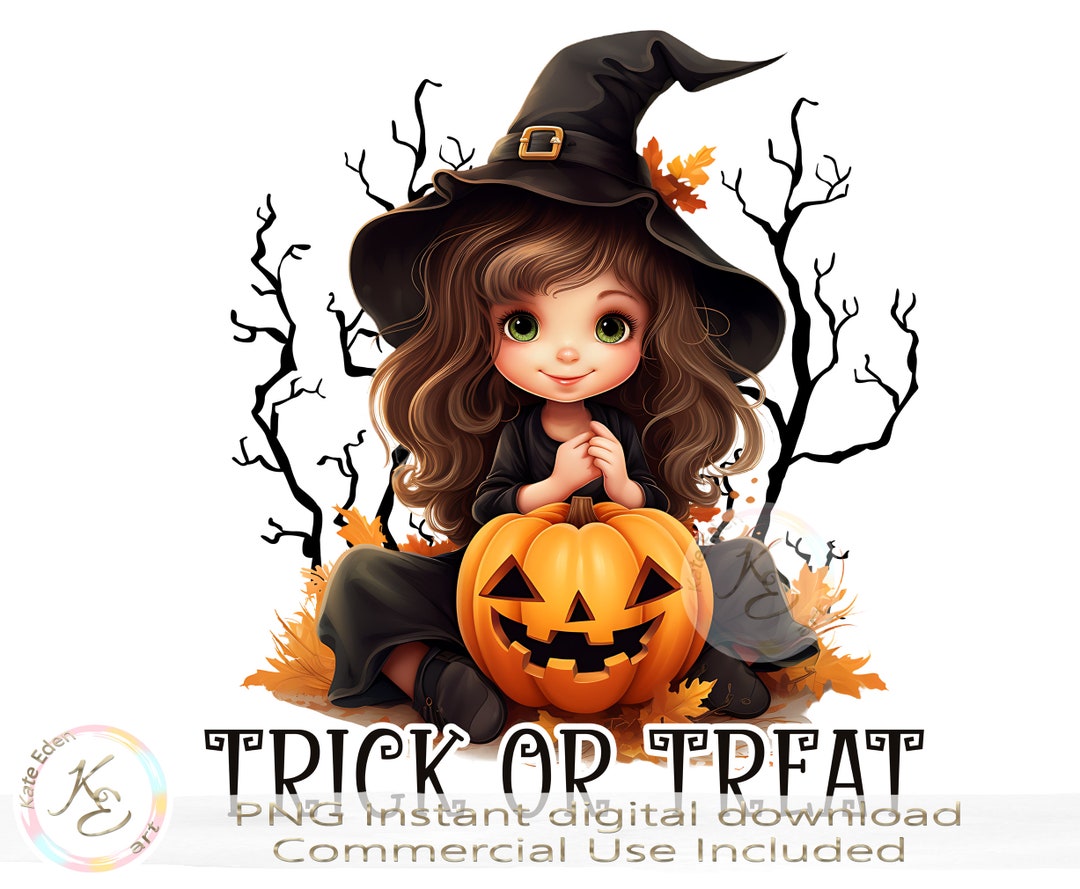 Trick or Treat PNG, Cute Little Witch, Kids Halloween PNG, Digital ...