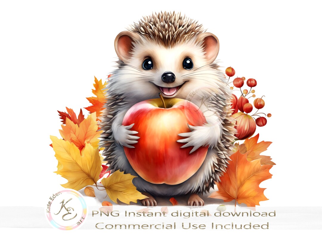 Cute Hedgehog With Apple PNG, Fall Clipart, Happy Hedgehog PNG, Card ...