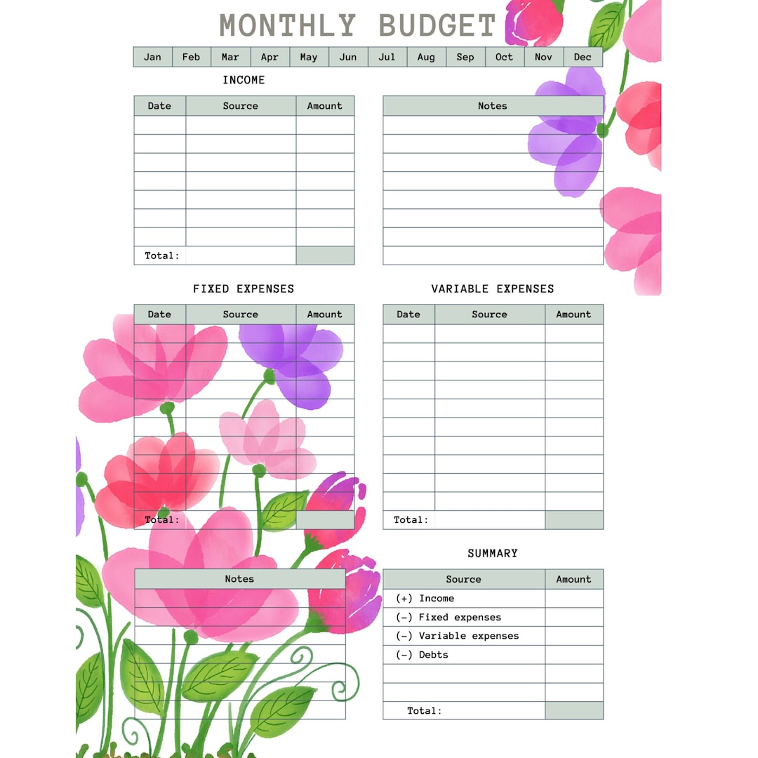 Budgeting in Full Bloom: Monthly Budget Printable With Stunning Floral ...