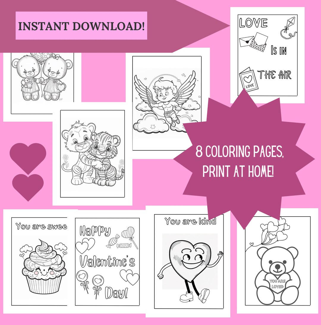 8 Valentines Day Themed Coloring Pages for Kids Valentine - Etsy