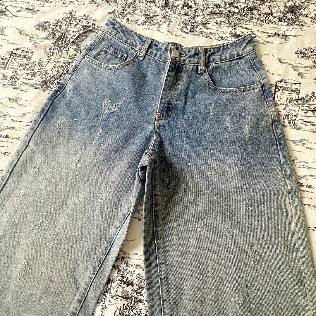Rhinestone Wide Leg Jeans: Graduated Color Denim Pants - Etsy
