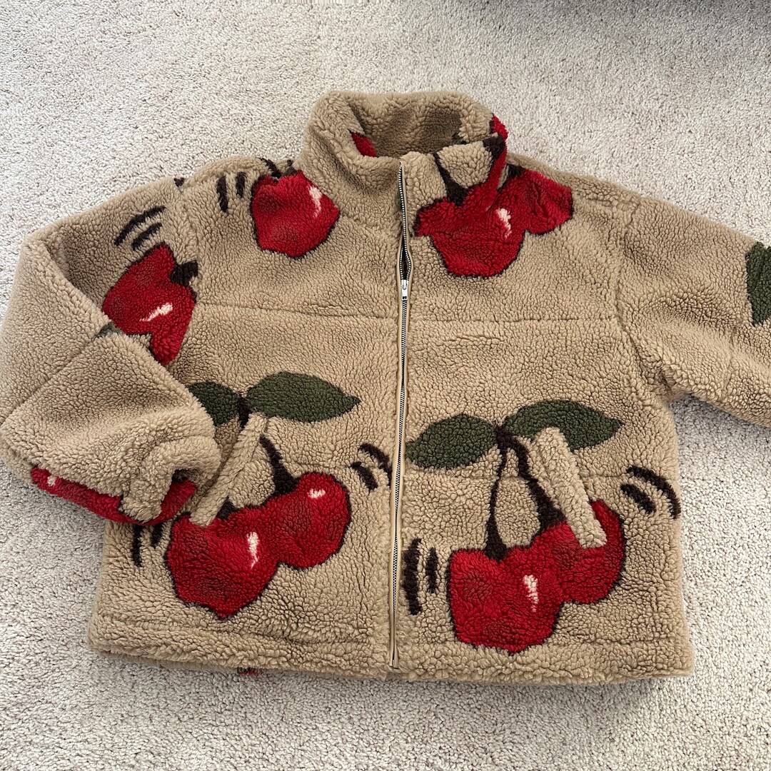Cherry Printed Puff Jacket Luxury Soft Fleece Coat High Pile Contrasted ...