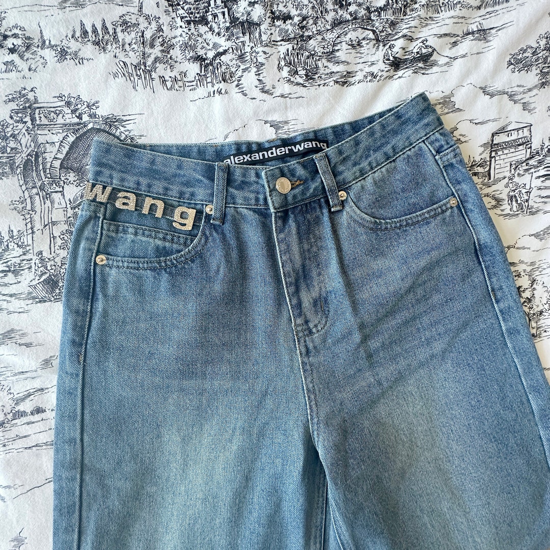 AW Crystal Letters at Waistband Straight Leg High Rise Trendy Jeans - Etsy