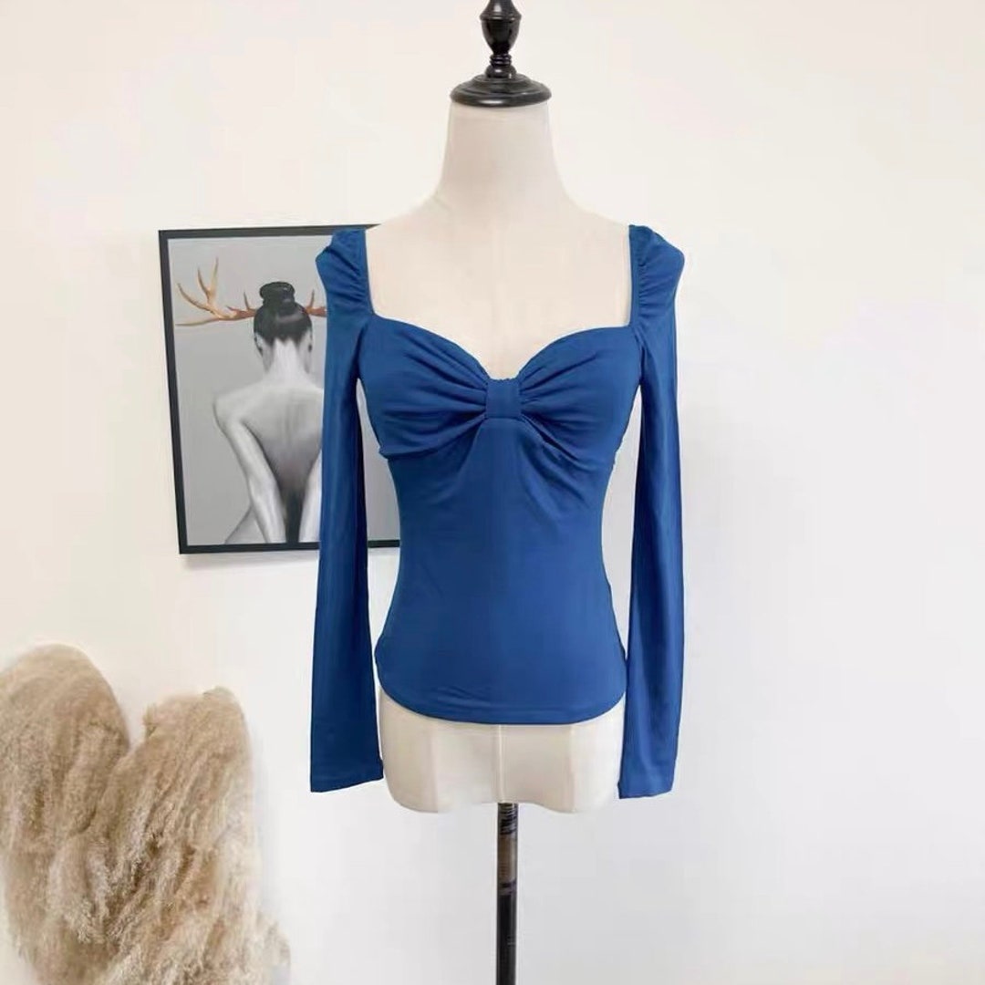 Blue Bow Collar Slim T-shirt Sexy/cute Cropped Top - Etsy