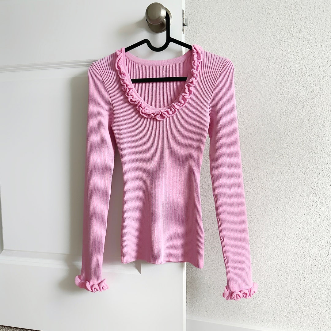 Pink Knit Top Round Neck With Ruffle Collar Baby Pink Cropped Sweater ...
