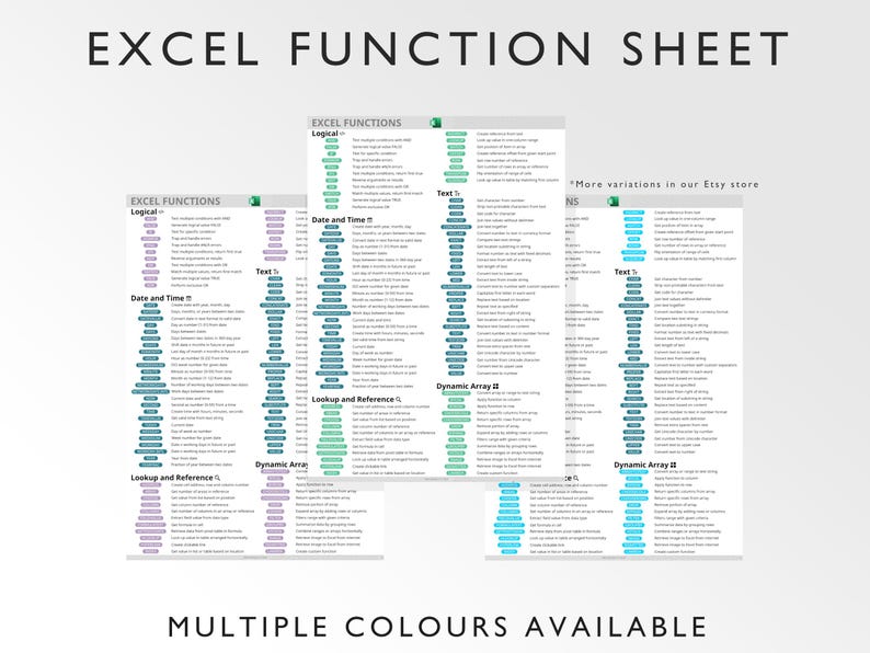 Microsoft Excel Functions | Printable Excel Cheat Sheet | Workbook Productivity | Excel Formulas ...