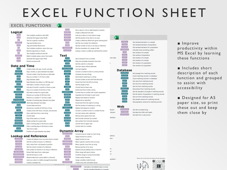 Microsoft Excel Functions Printable Excel Cheat Sheet Workbook ...