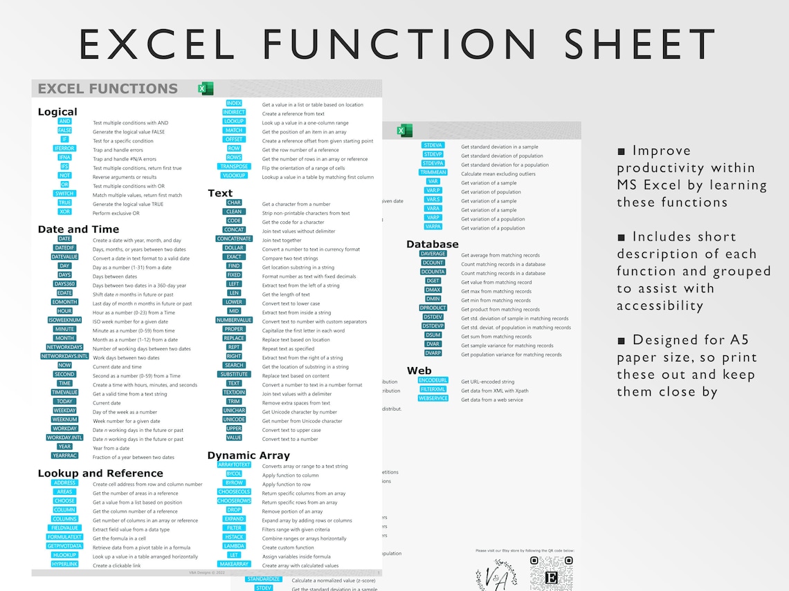 Microsoft Excel Functions Printable Excel Cheat Sheet Workbook Productivity Excel Formulas