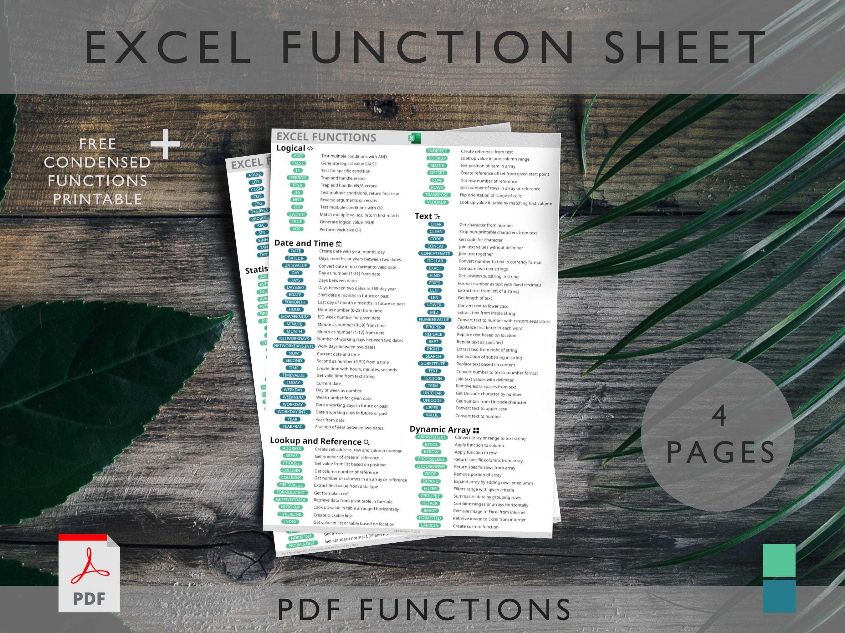 Microsoft Excel Functions | Printable Excel Cheat Sheet | Workbook ...