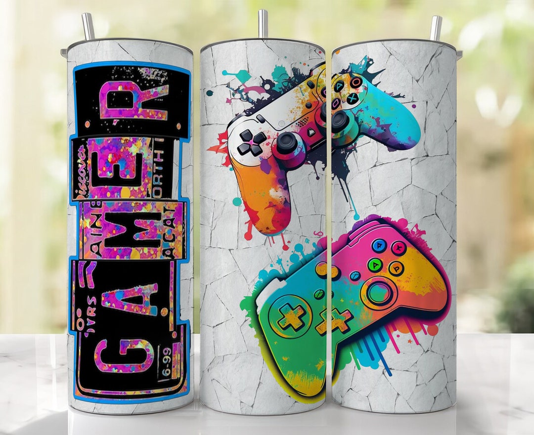 Gamer 20 Oz Skinny Tumbler Sublimation Design Neon Video Game ...