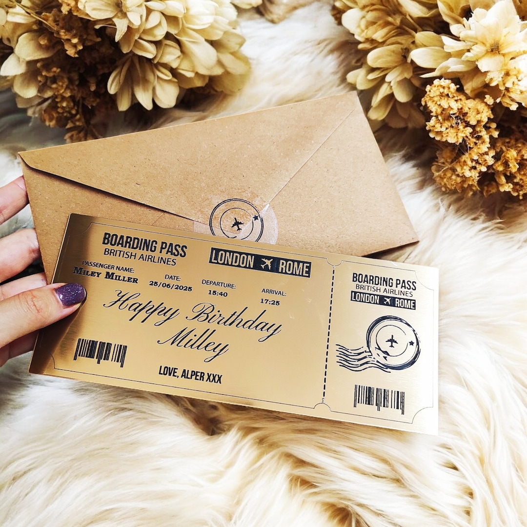 Personalized Gold Metal Boarding Pass: Surprise Holiday Travel Voucher ...