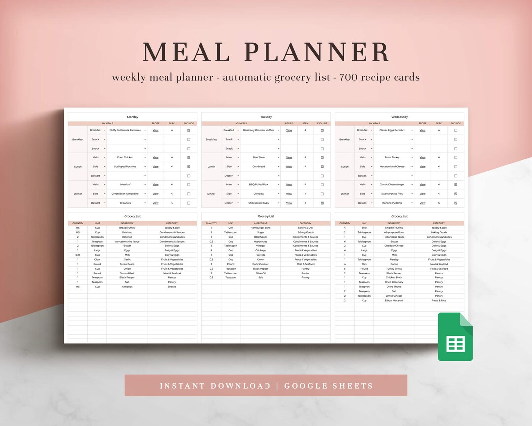 Weekly Meal Planner and Grocery List for Google Sheets, Meal Prep, Meal ...