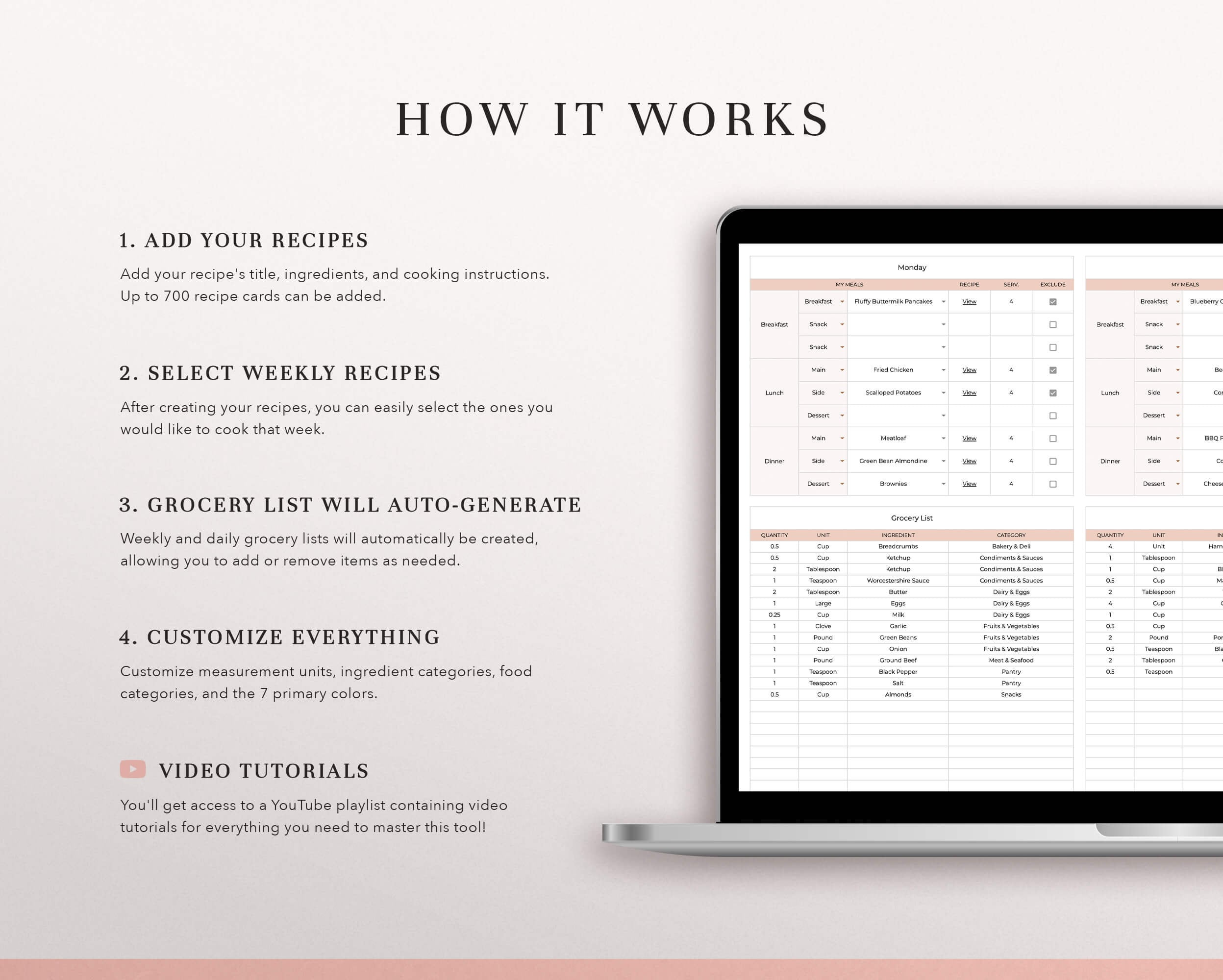 Weekly Meal Planner and Automated Grocery List for Google Sheets, Meal ...