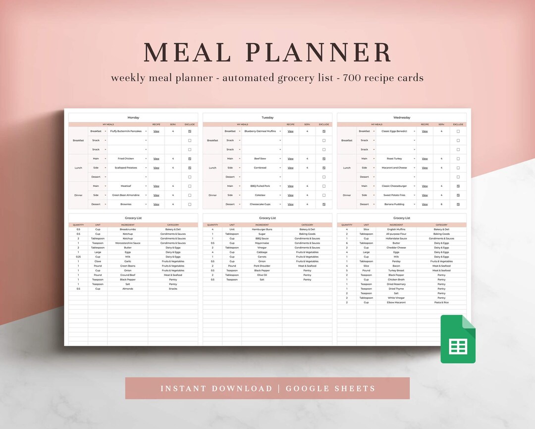 Weekly Meal Planner and Automated Grocery List for Google Sheets, Meal ...
