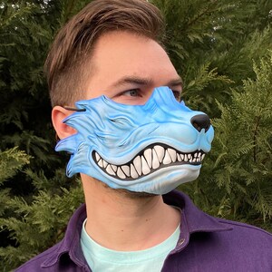 Japanese Kitsune Half Mask, Blue Wolf Oni Half Mask, Japanese Kitsune ...