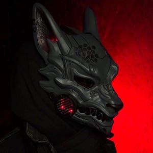 Cyberpunk Kitsune Mask: Gray & Black Fox, LED Light, Futuristic Cosplay ...