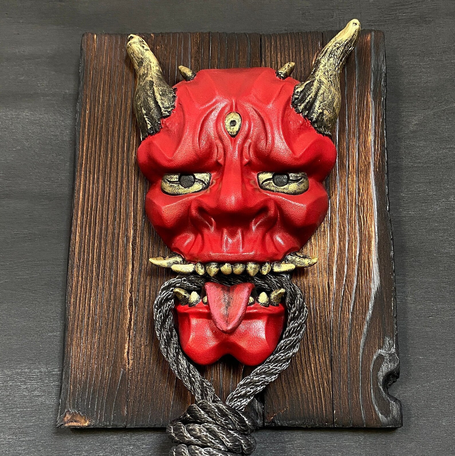 Blue Oni Mask on Wood Board Samurai Mask Wall Red Oni Mask - Etsy