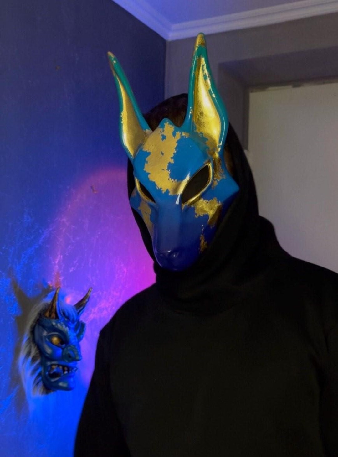 Egyptian Anubis Mask Blue and Gold Wolf Jackal Ankh Cosplay Costume ...