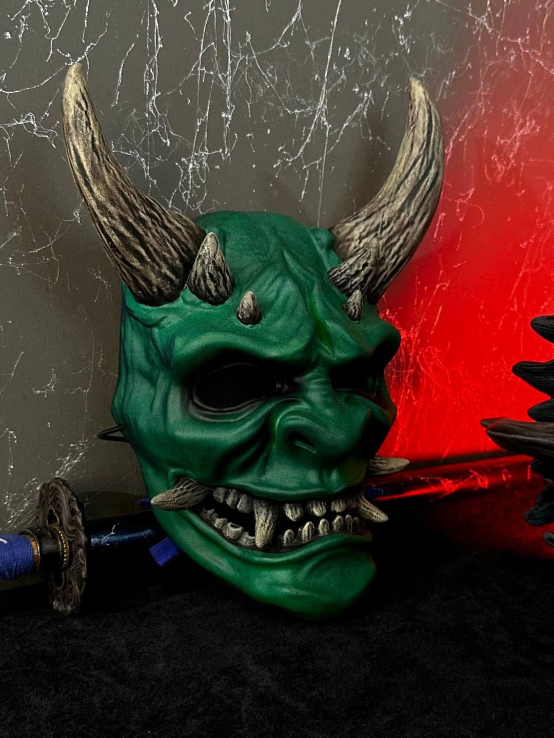 Japanese Oni Mask Green Wearable, Wall Decor Horror Oni Mask, Kabuki, Green Oni Mask, Green ...