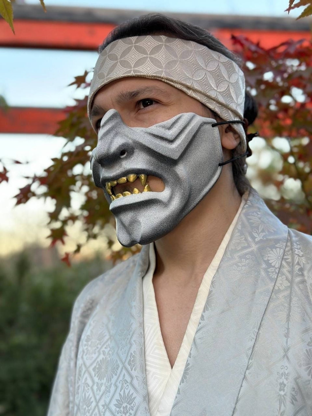 White Samurai Mask, Japanese Mempo Mask, Half Face Oni Mask Cosplay ...