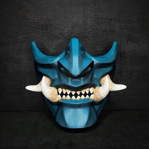 Blue Oni Half Face Wearable Mempo Mask, Japanese Samurai Cosplay Black ...