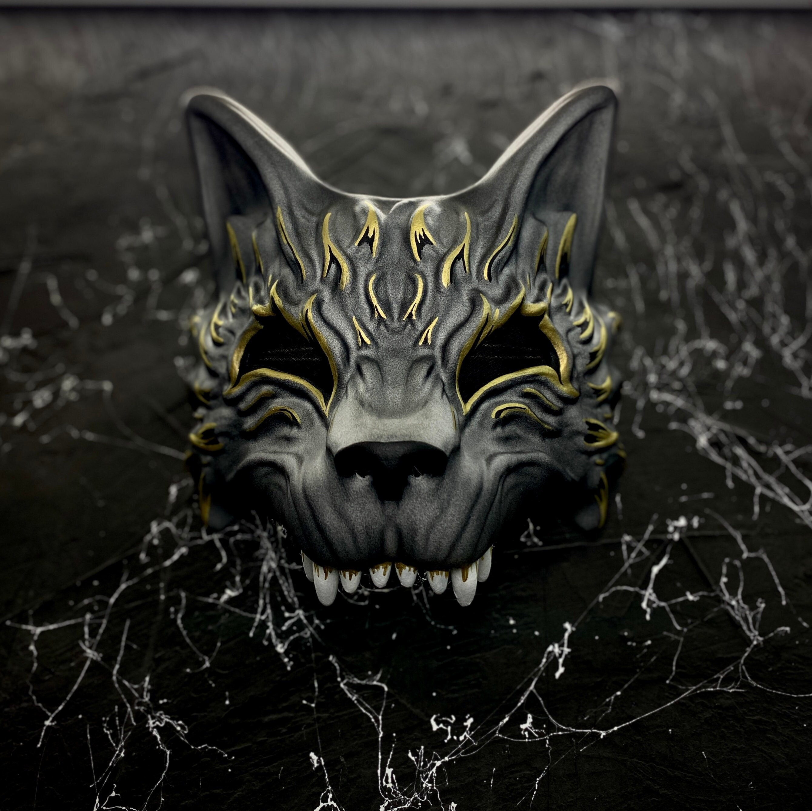 Japanese Grey Kitsune Half Mask, Gold and Black Wolf Half Mask ...