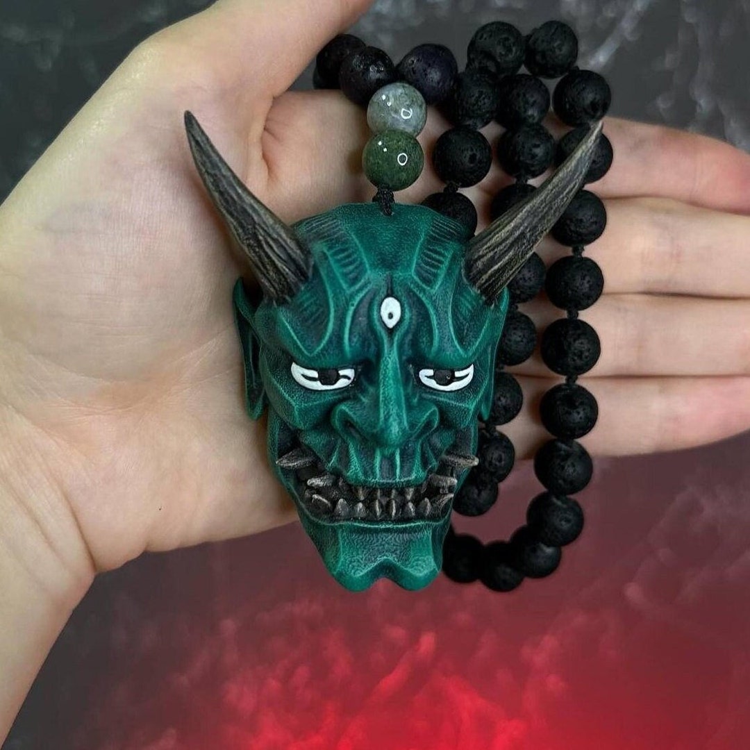 Japanese Oni Mask Necklace, Small Japanese Oni Mask With Beads ...
