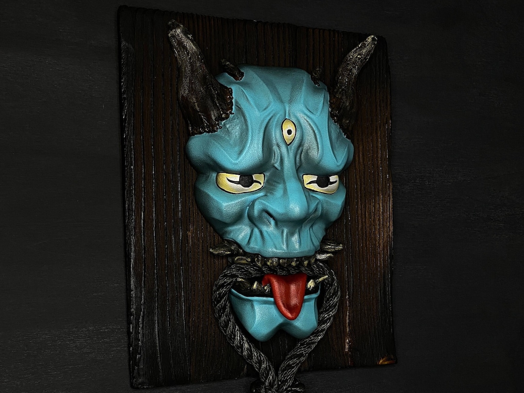 Blue Oni Mask on Wood Board, Samurai Mask, Wall Red Oni Mask, Kabuki ...