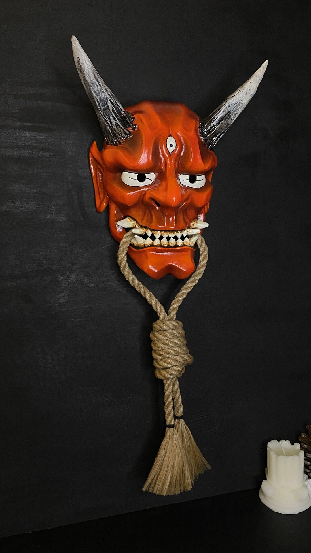 Japanese Oni Mask With Rope, Red Oni Mask Decor, Red Hannya Mask, Oni ...