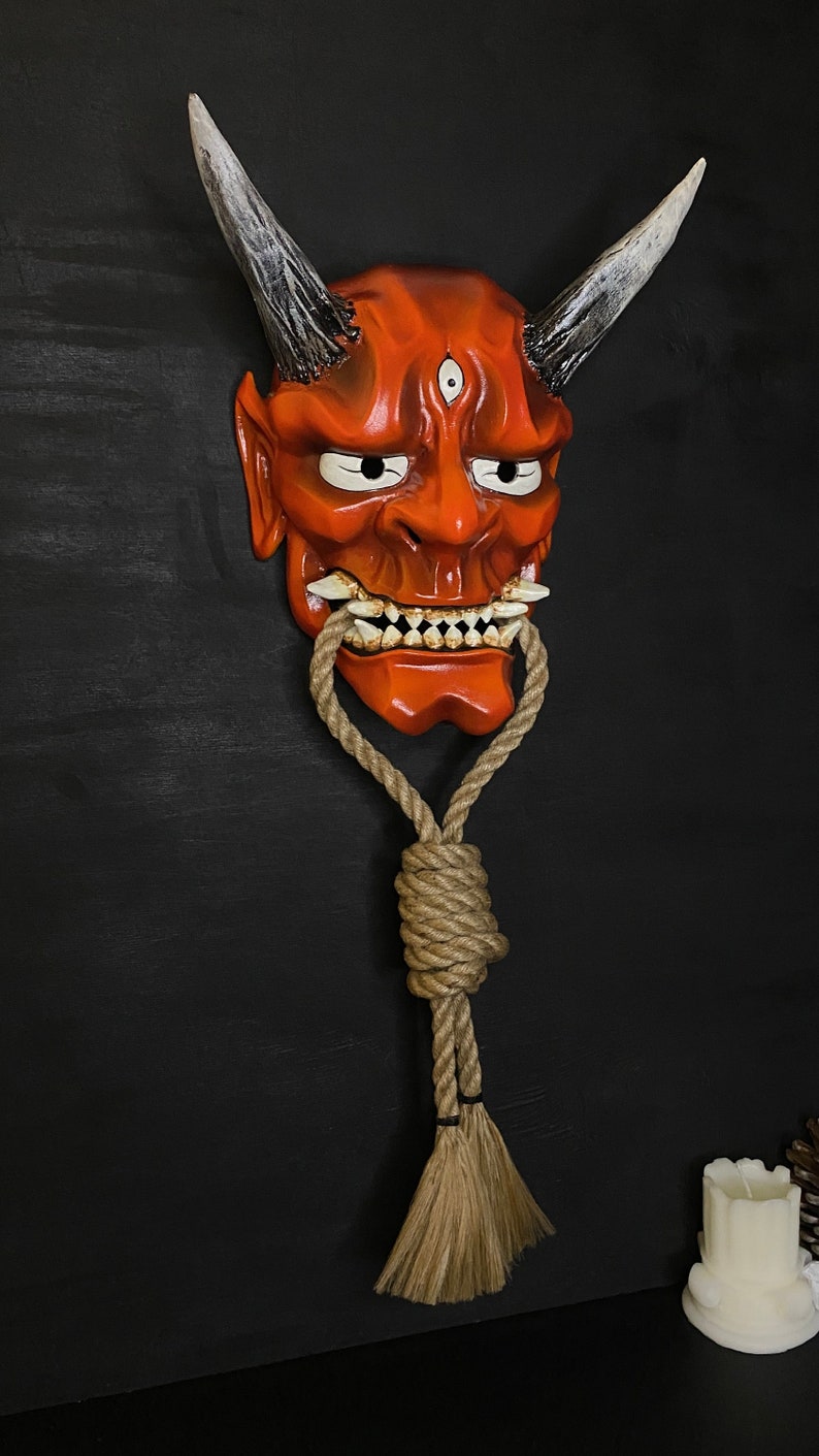 Japanese Oni Mask With Rope Red Oni Mask Decor Red Hannya - Etsy