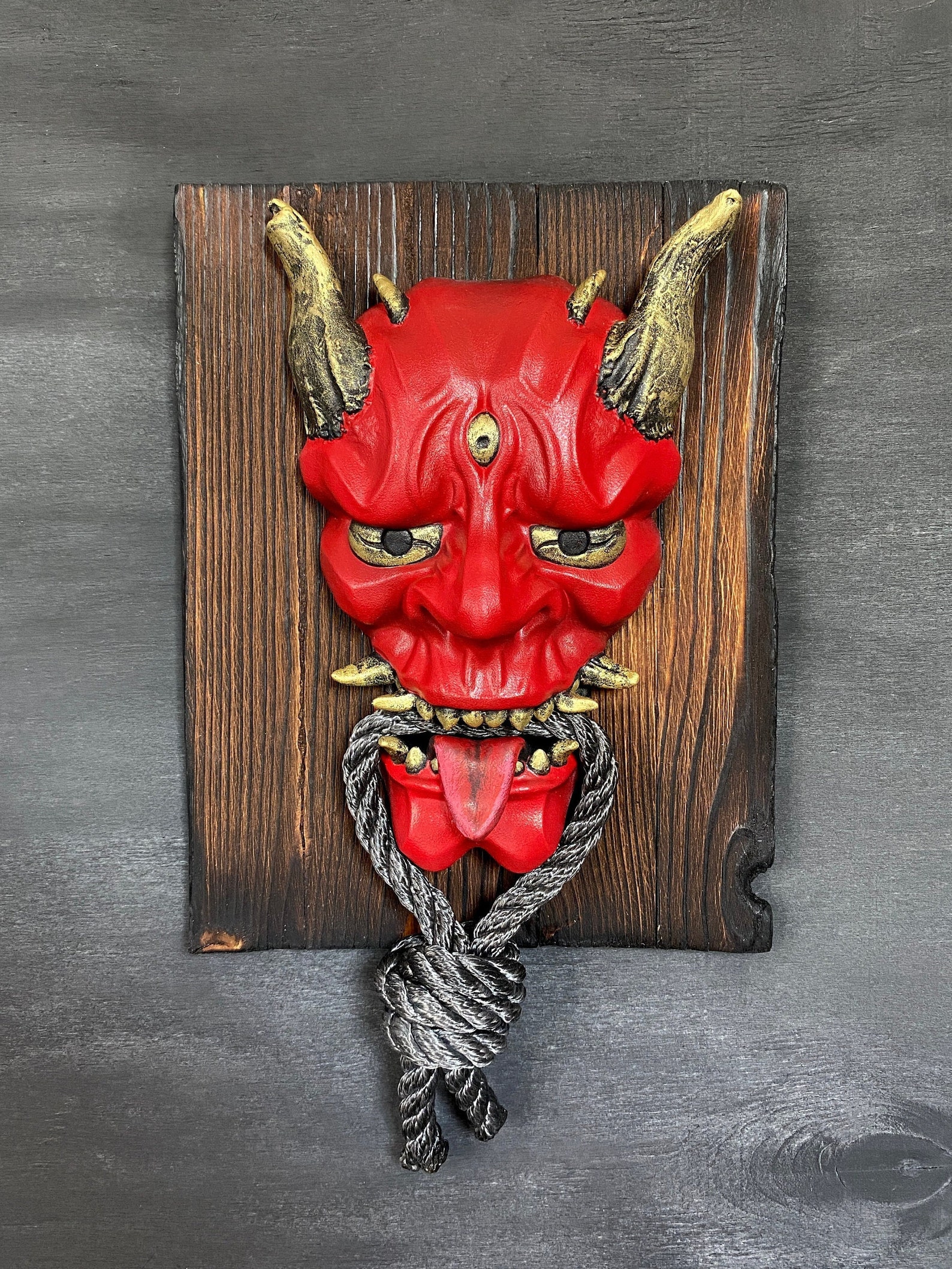 Blue Oni Mask on Wood Board Samurai Mask Wall Red Oni Mask - Etsy