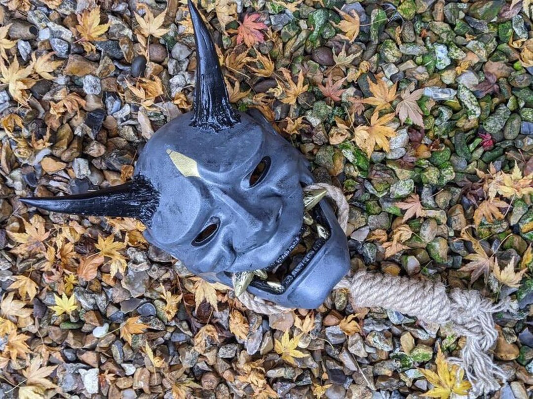 Japanese Hannya Mask Grey&bronze With Rope, Samurai Mask Hanging on the ...