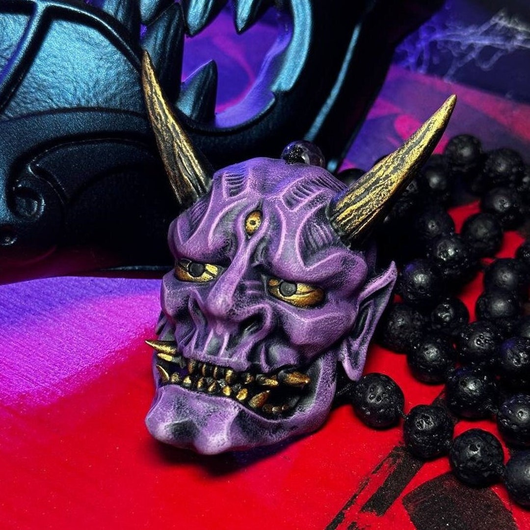 Oni Mask Necklace, Small Japanese Oni Mask With Beads, Japanese Devil ...