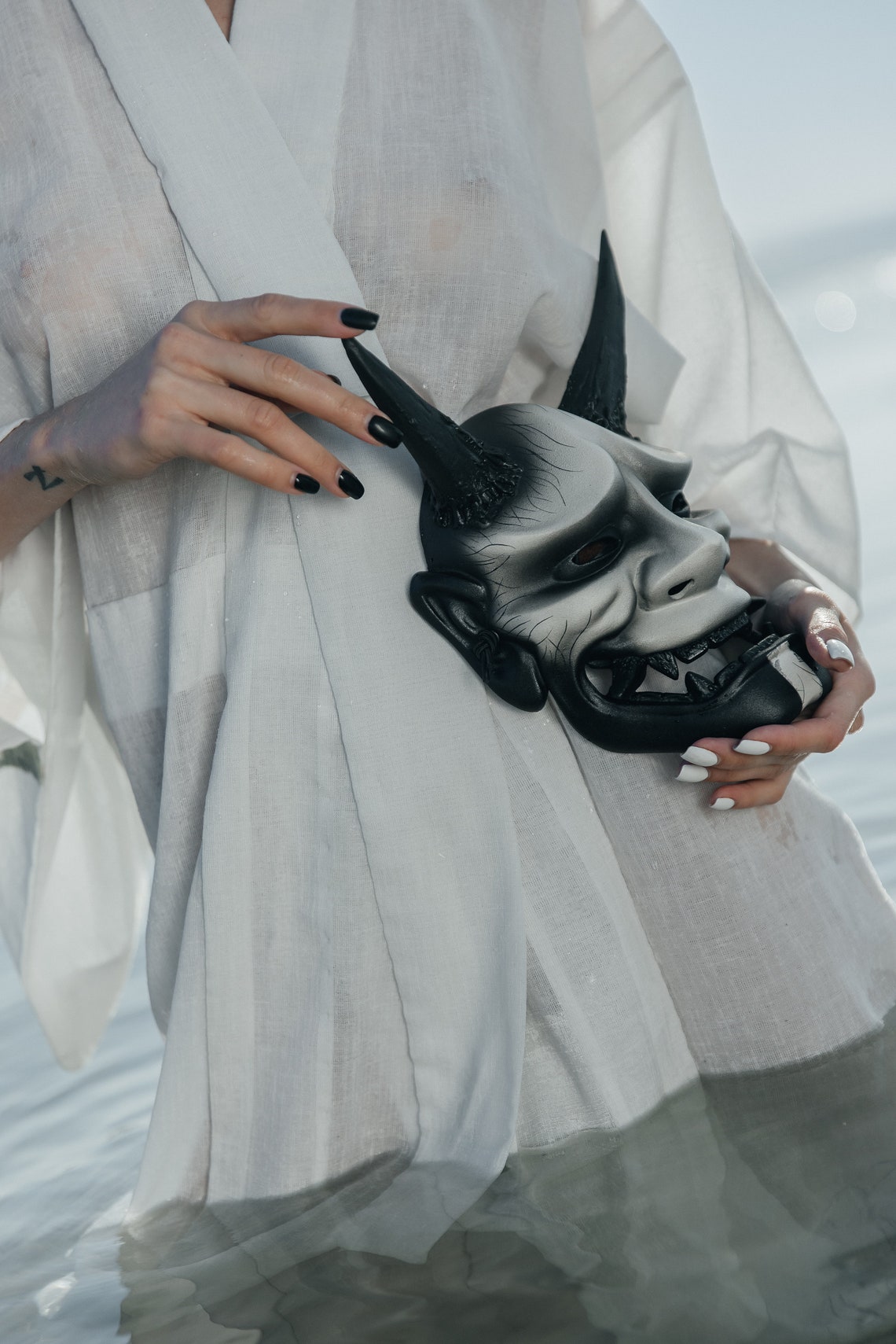 Japanese Hannya Mask White and Black Demon Mask Made to - Etsy