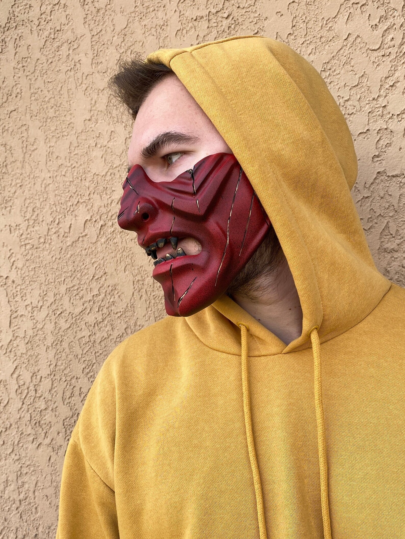 Samurai Oni Half Mask, Damaged Red Mempo Mask, Japanese Mempo, Japanese ...