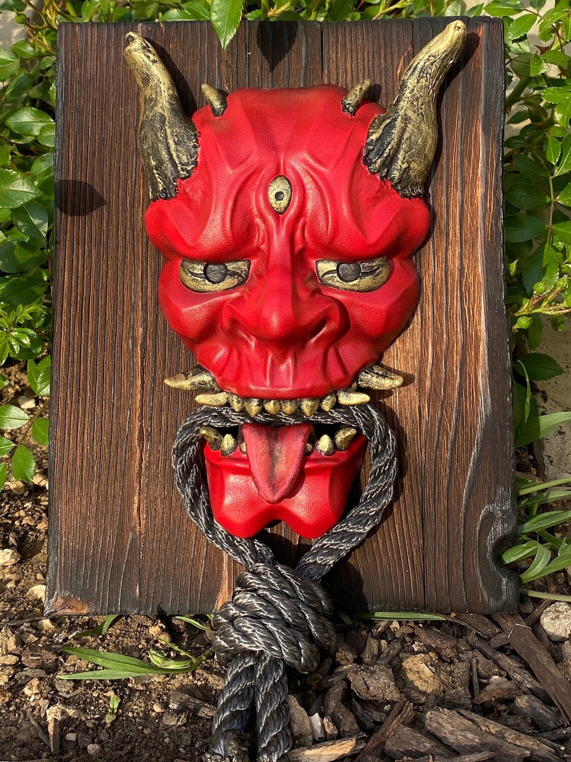 Blue Oni Mask on Wood Board Samurai Mask Wall Red Oni Mask - Etsy