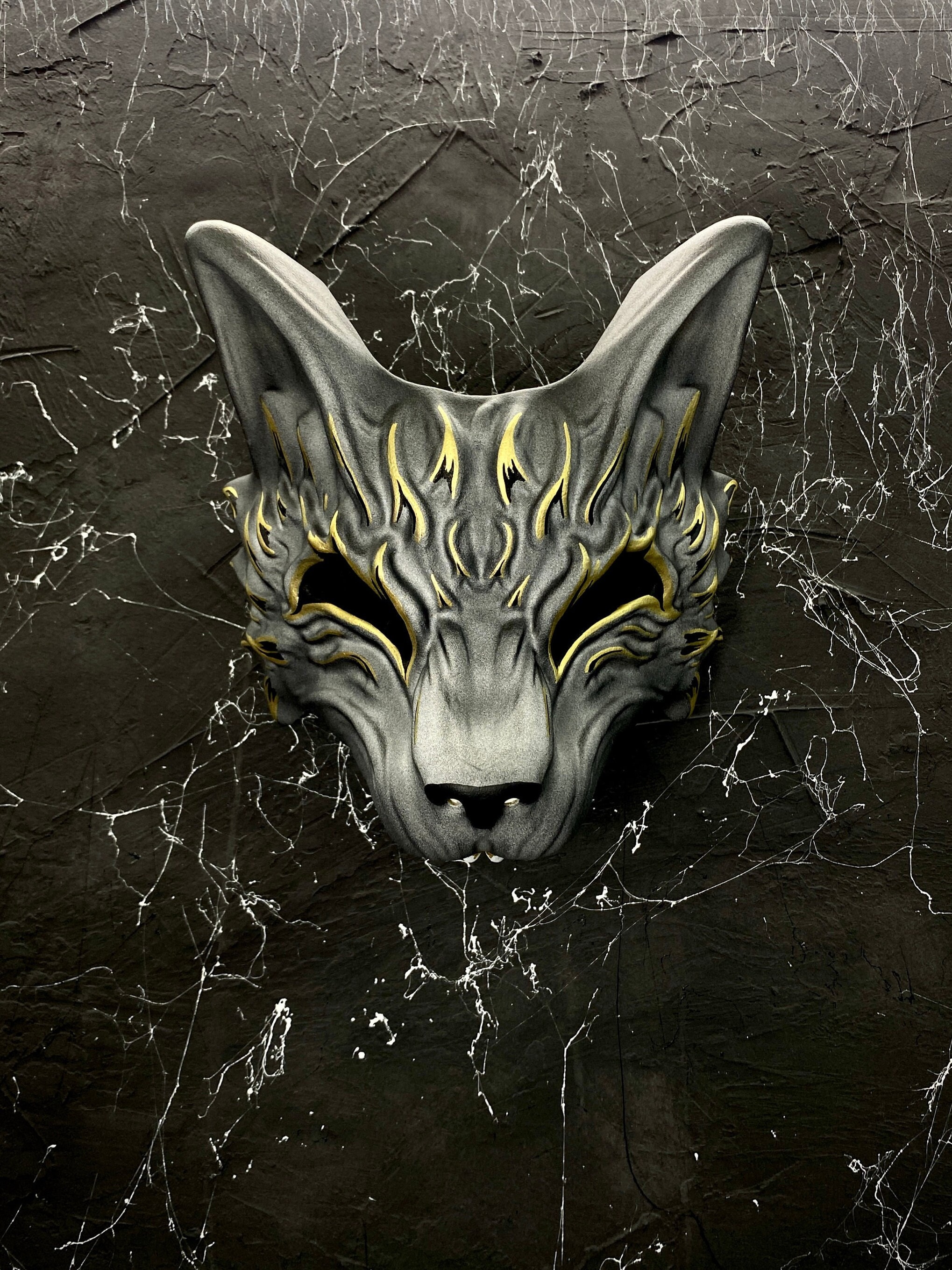 Japanese Grey Kitsune Half Mask, Gold and Black Wolf Half Mask ...