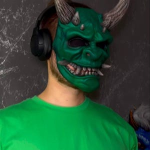 Japanese Oni Mask Green Wearable, Wall Decor Horror Oni Mask, Kabuki ...
