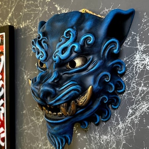 Blue Komainu Mask Lion Dog Wearable Mask, Japanese Komainu Wall Decor ...