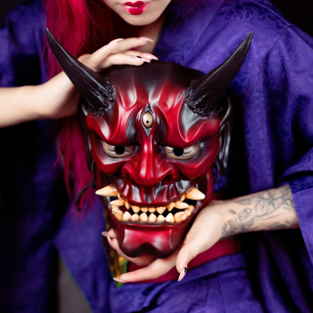 Japanese Red Oni Mask, Samurai Mask, Wall Hannya Mask, Oni Mask, Kabuki ...