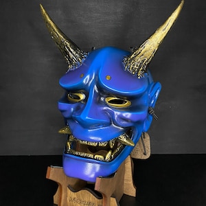 Japanese Hannya Mask, Blue Oni Mask, Samurai Mask Wearable, Demon Mask ...
